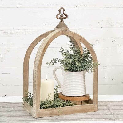 Wooden Lantern Table Sconce with Embossed Details - 21″ x 14″ W x 8″ D