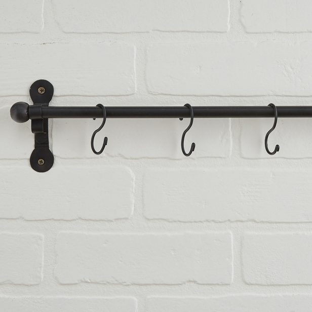 Black Metal Bar w/6 S Hooks - 4″H X 25″L X 1″D, Pre Drilled Holes