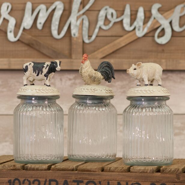 Set of 3 Clear Farm Animal Jars w/ Beige Lids - Assorted, 9″ H x 4″ Dia