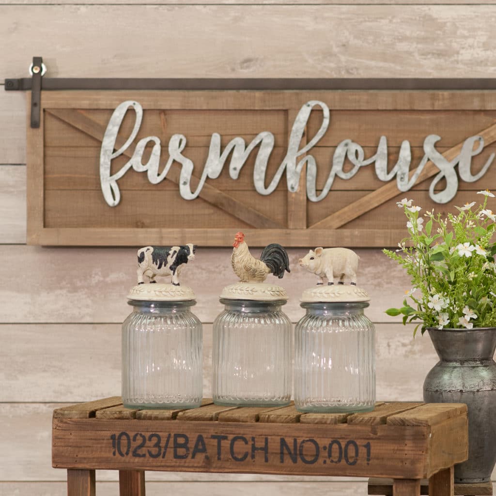 Set of 3 Clear Farm Animal Jars w/ Beige Lids - Assorted, 9″ H x 4″ Dia