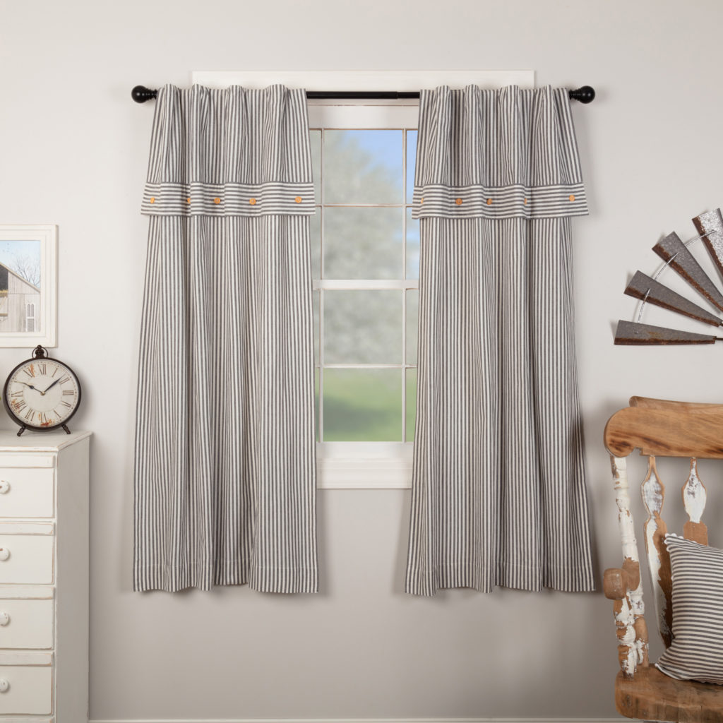 Farmhouse Ticking Gray Lined Valance Panels - Set/2 - Piper Classics