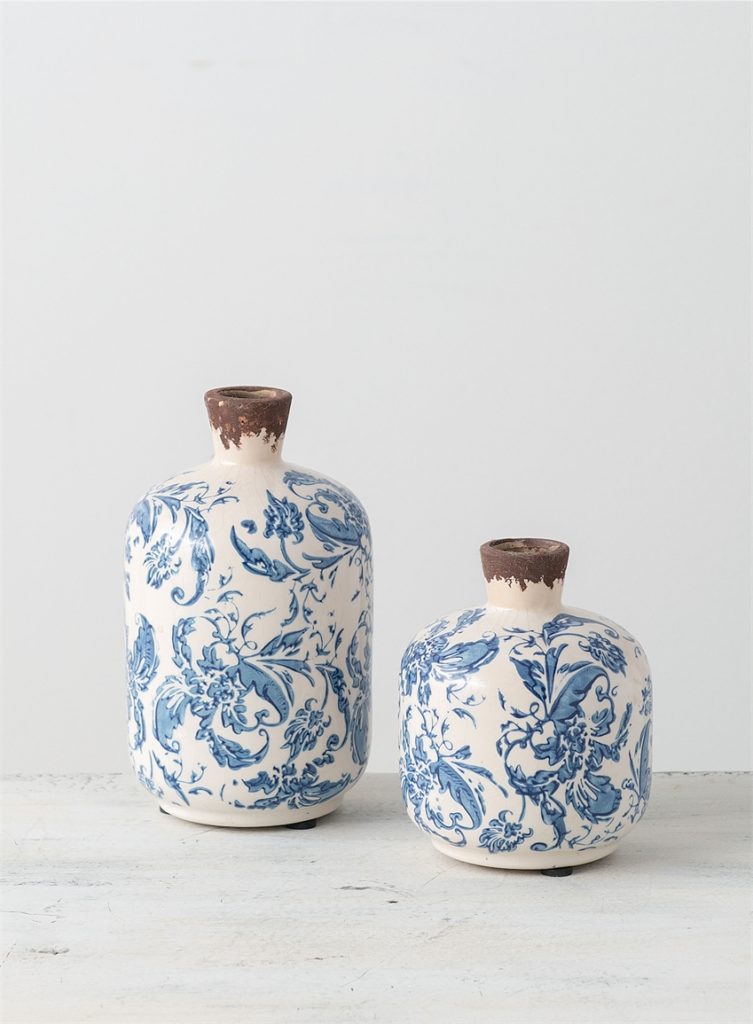 Blue Floral Ceramic Bottles - Set/2 Assorted - Piper Classics
