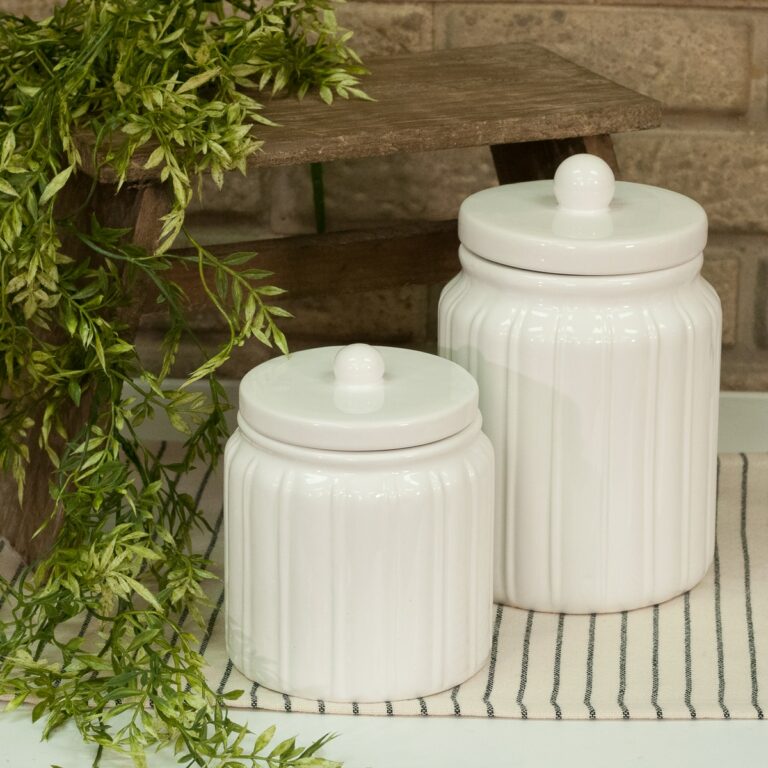 Glossy White Ceramic Ribbed Canisters with Lids - Set of 2