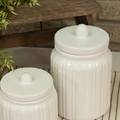 Glossy White Ceramic Ribbed Canisters with Lids - Set of 2