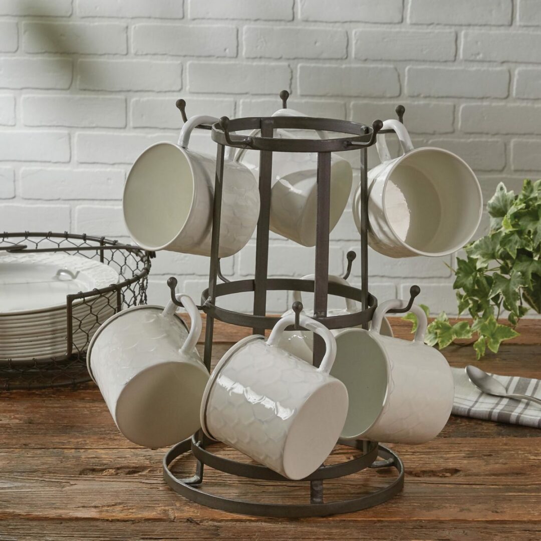 Aged Dark Metal 10 Mug Rack - Circular Stand w/ 10 Hooks, 13″ H x 9″ Dia.