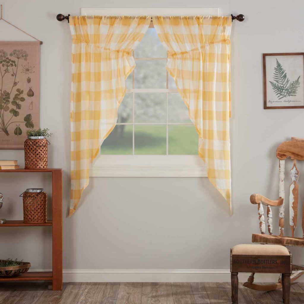 Madison Check Yellow Sheer Prairie Curtains 63" Set/2 - Piper Classics