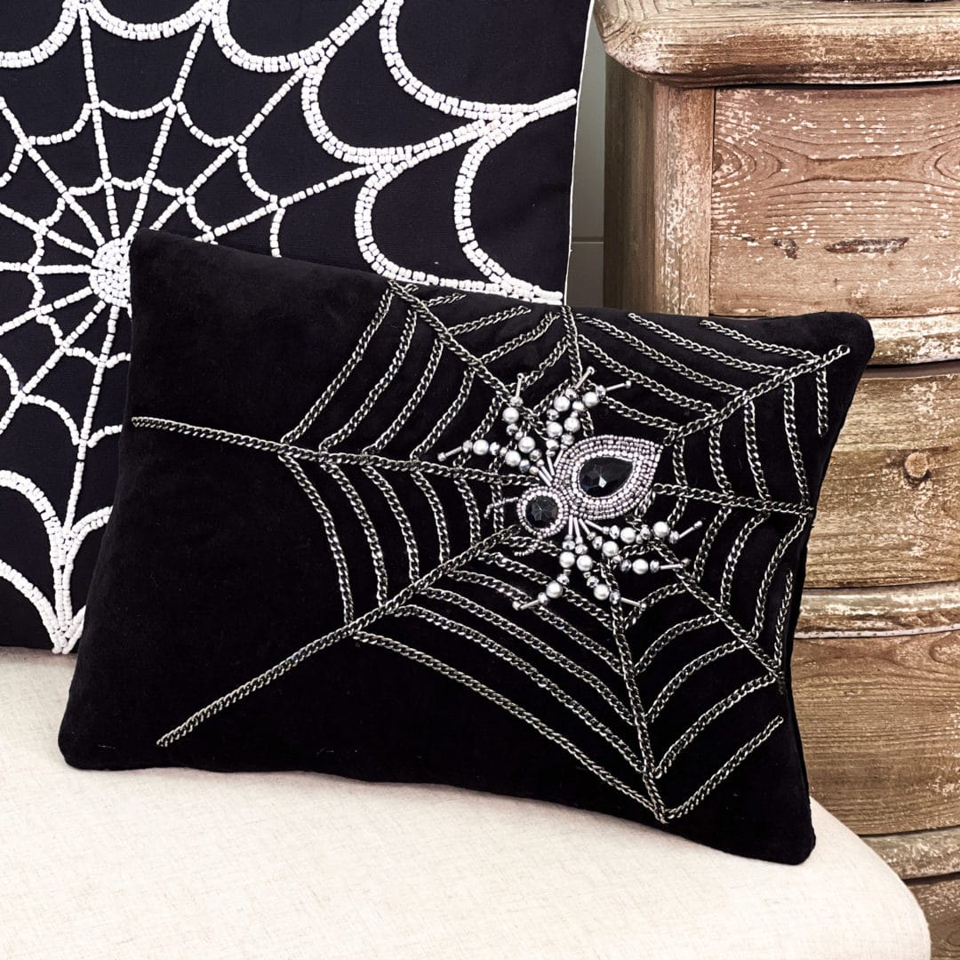 Black Velvet Filled Pillow w/ Chain Web & Beaded Spider - Piper Classics
