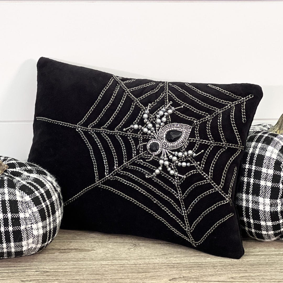 Black Velvet Filled Pillow w/ Chain Web & Beaded Spider - Piper Classics