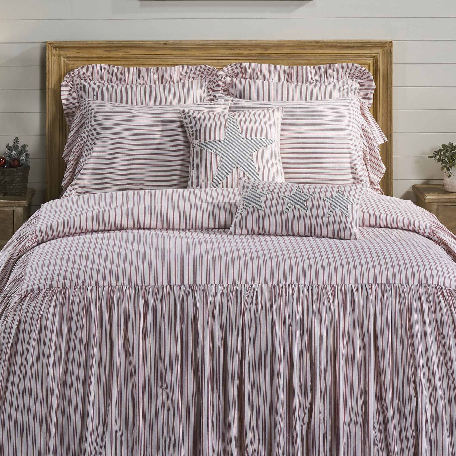 Timeless Ticking Red & White Striped Ruffled Cotton & Flannel Bedspread