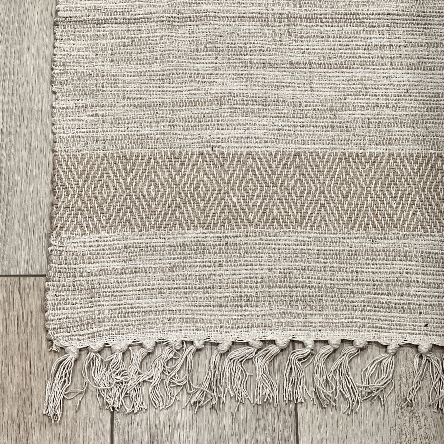 Natural Woven Rug with Fringe - Warm Beige, Tan & White Tones 20" x 30"