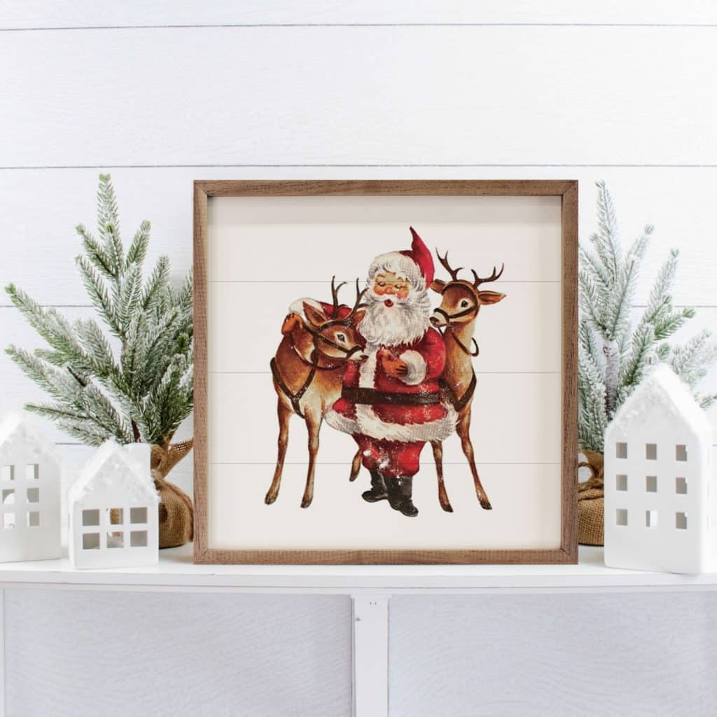 Vintage Two Deer With Santa Wooden Sign - Piper Classics