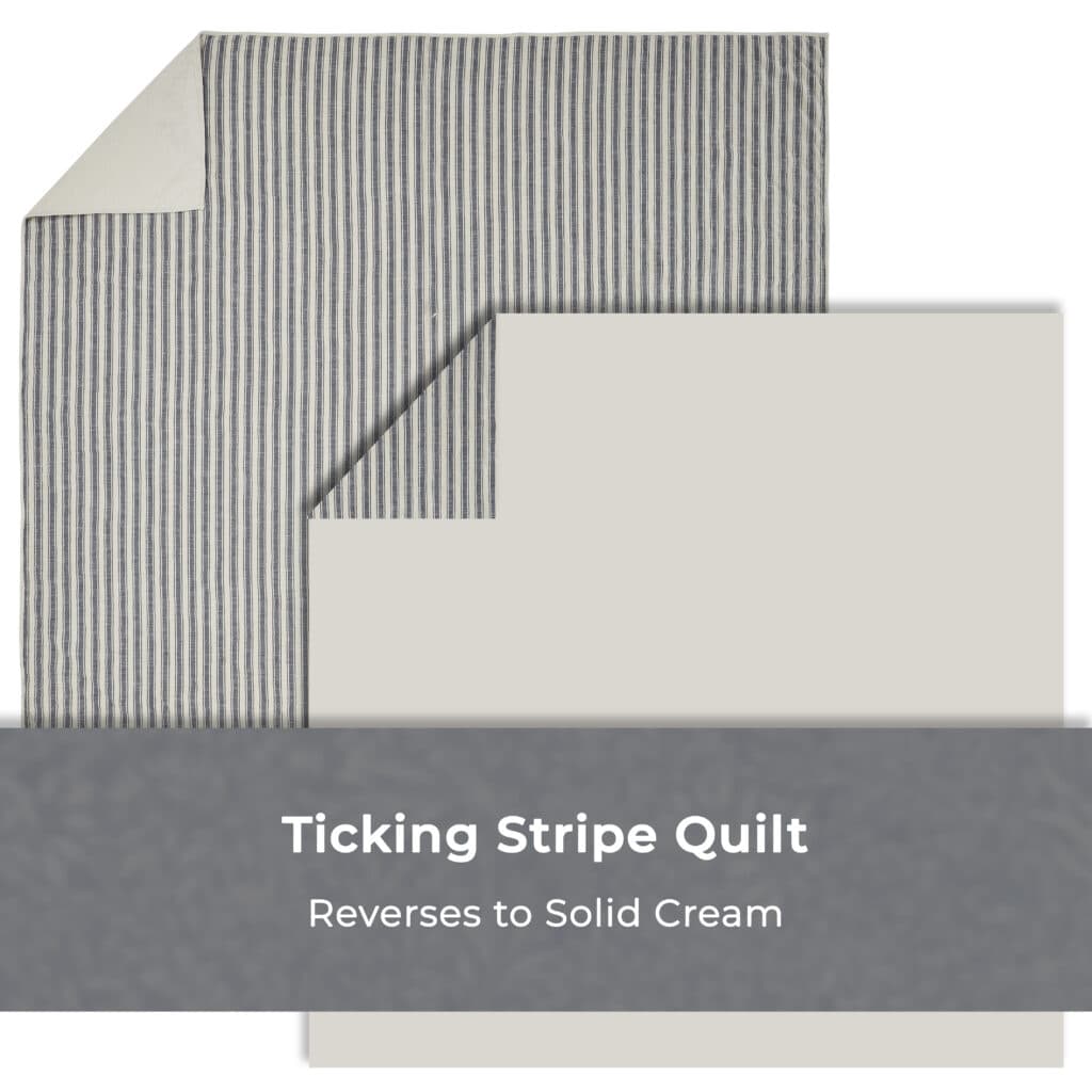 Reversible Cotton Quilt with Gray and Cream Ticking Stripes
