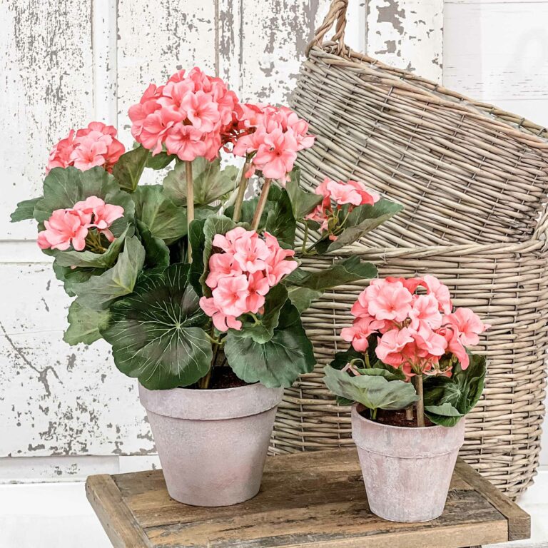 Watermelon Pink Faux Geranium Flowers w/ Clay-Colored Pot - Large