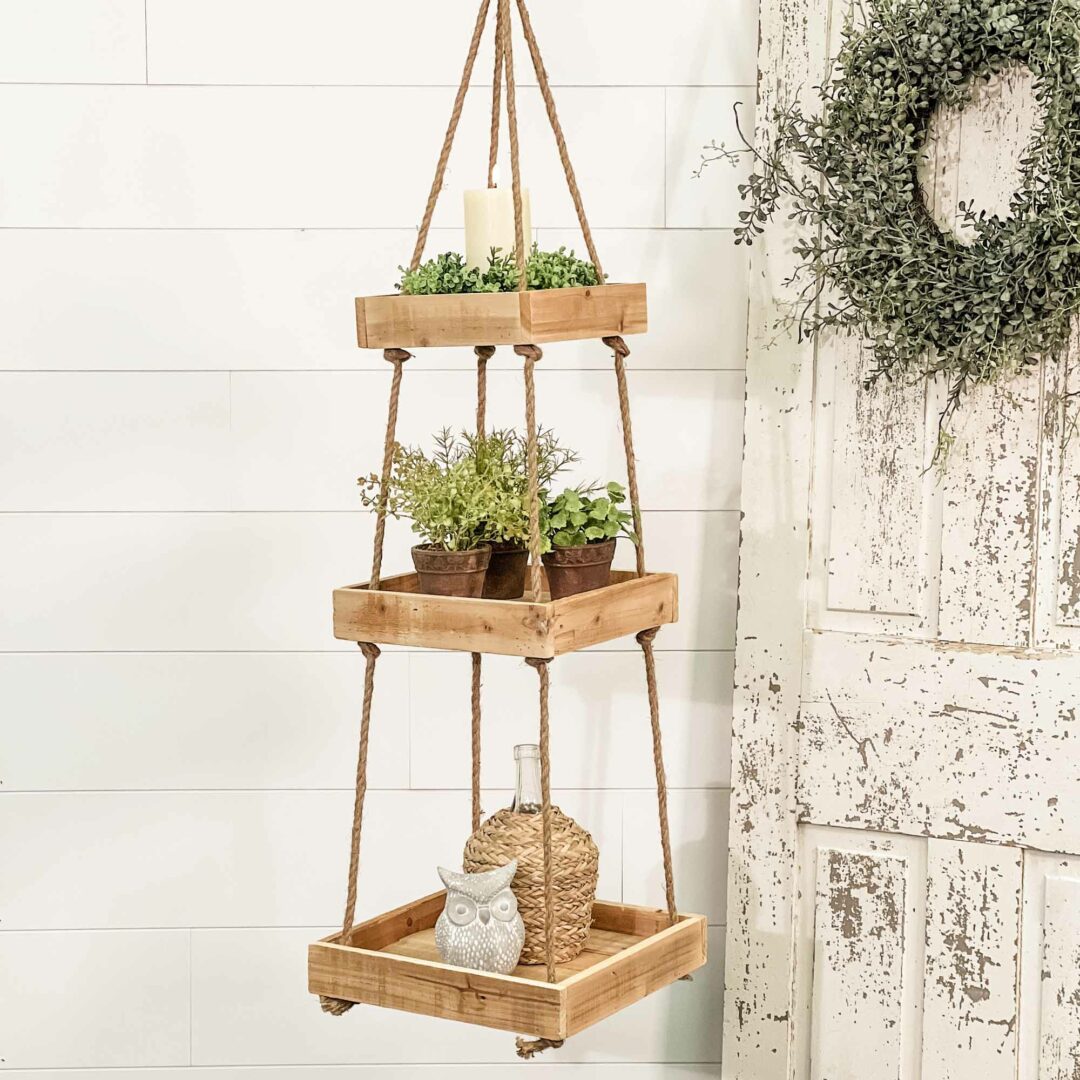 Hanging Three Tiered Wood Display w/ Jute Rope - Piper Classics