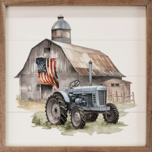 American Flag Barn Tractor Wooden Sign - Piper Classics