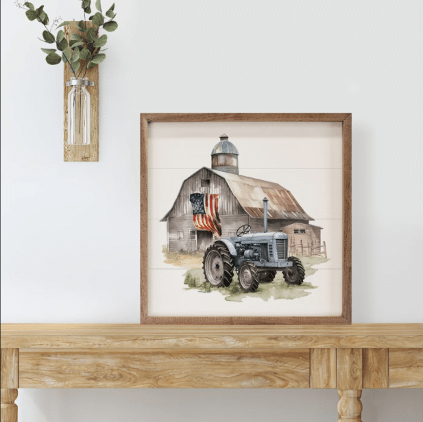 American Flag Barn Tractor Wooden Sign - Piper Classics