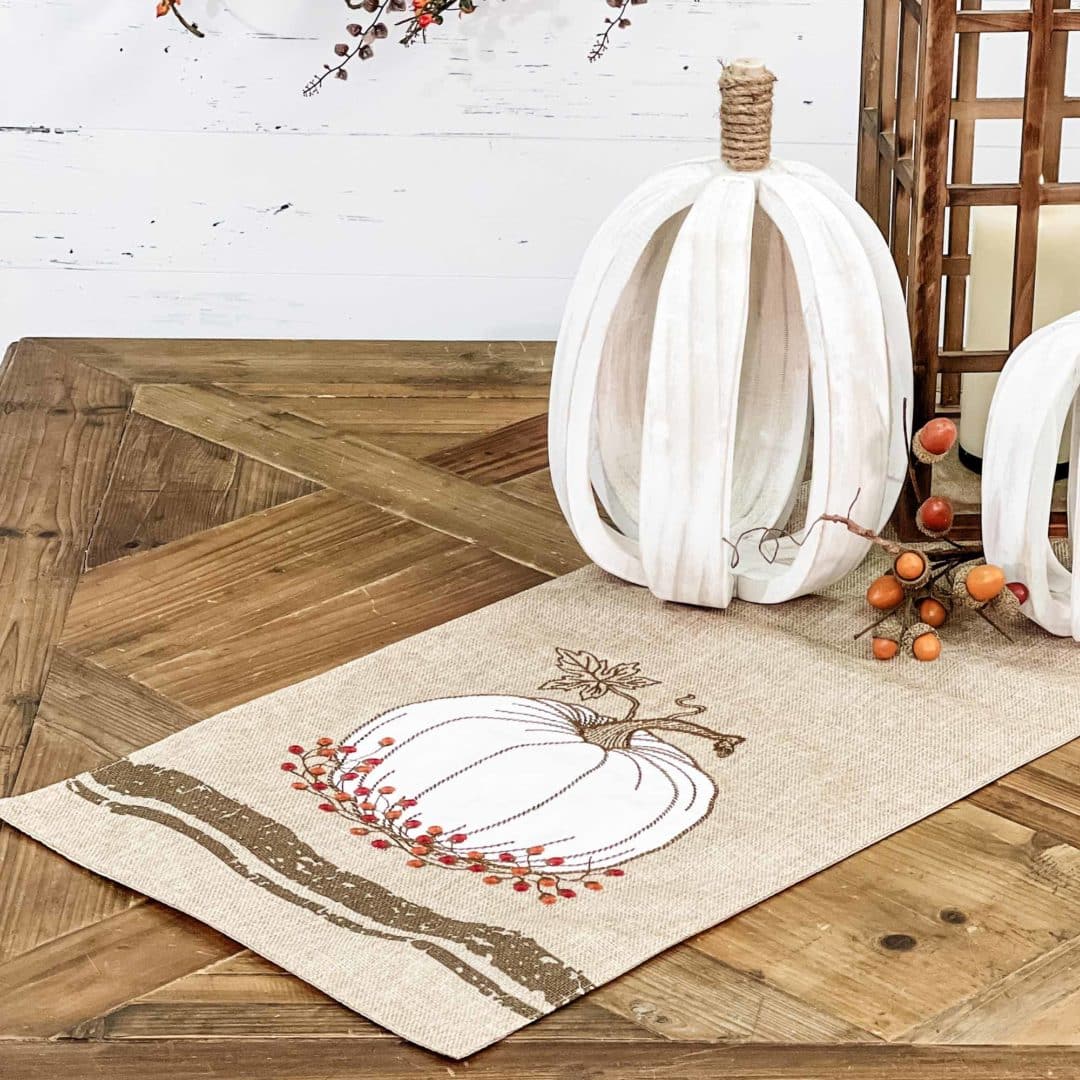 Tan Table Runner w/ Embroidered Pumpkin - 72" - Piper Classics