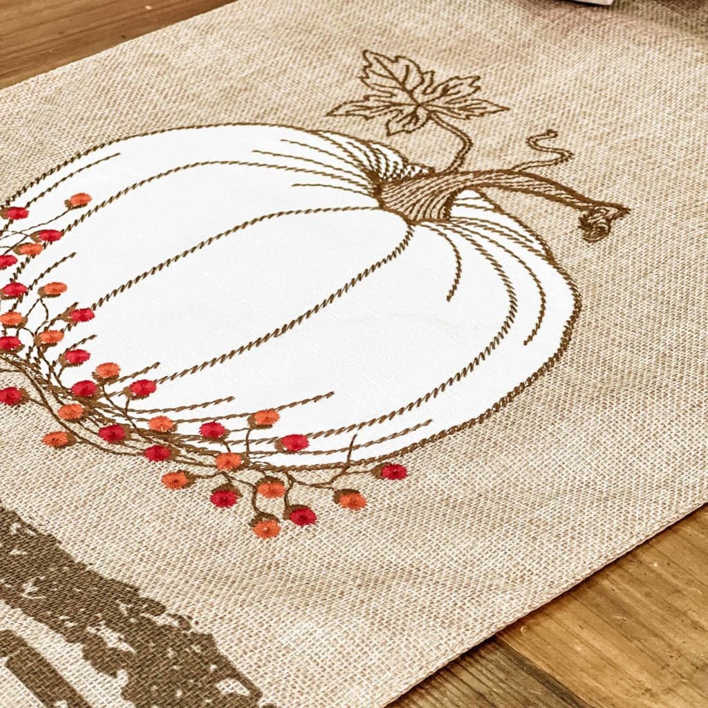 Tan Table Runner w/ Embroidered Pumpkin - 72" - Piper Classics