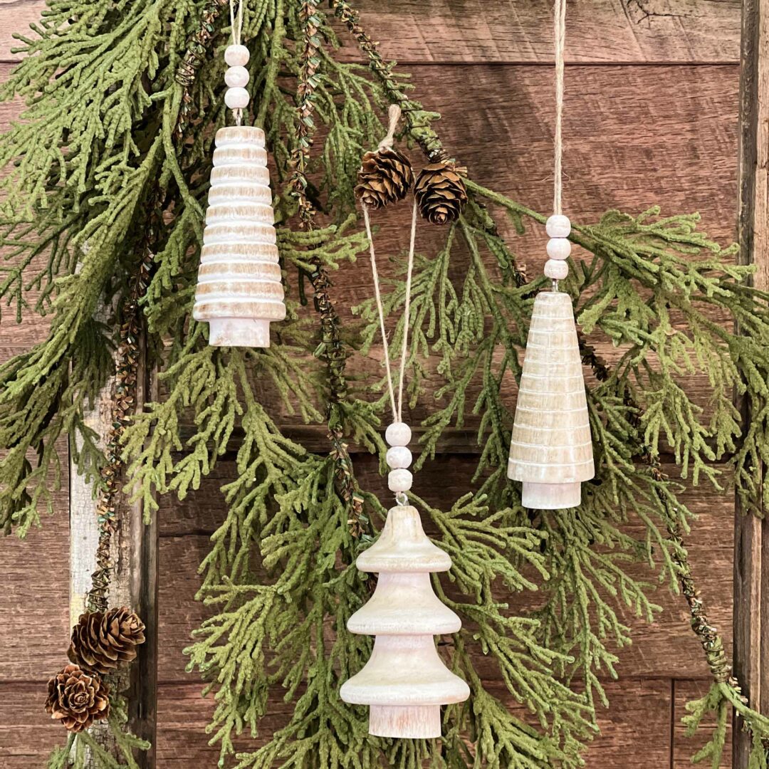 Assorted Wood Tree Ornaments - Set of 3, Whitewash Over Wood, Twine Loop
