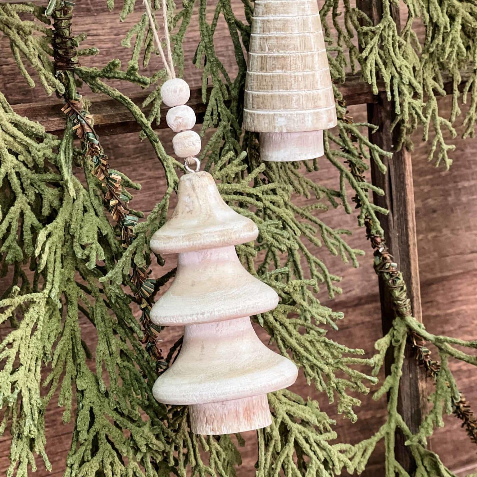 Assorted Wood Tree Ornaments - Set of 3, Whitewash Over Wood, Twine Loop