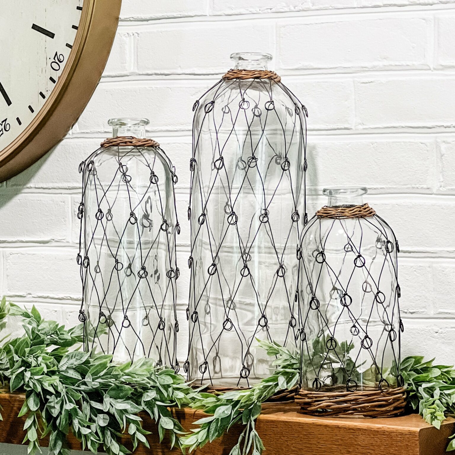 Tall Wire & Wicker Wrapped Glass Bottles - Set/3 - Piper Classics
