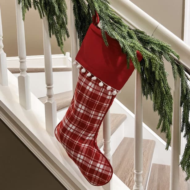Square Red & White Plaid Flannel Stocking w/White Pom Pom Trim - Piper ...