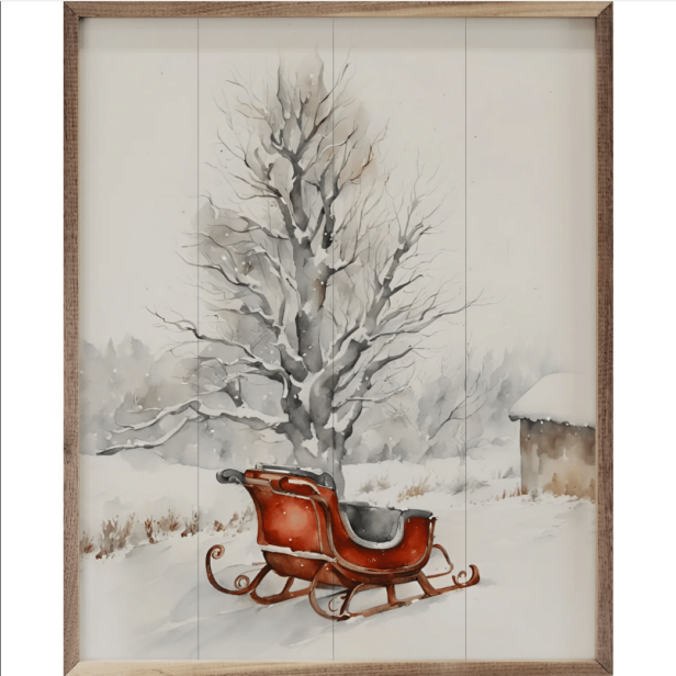 Red Sleigh By Snowy Tree Wooden Sign - Piper Classics