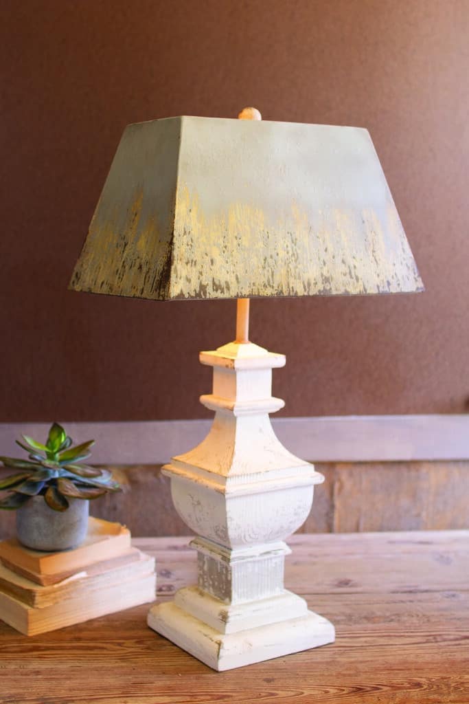 Antique White Wooden Table Lamp w/ Rectangular Metal Shade - Piper Classics