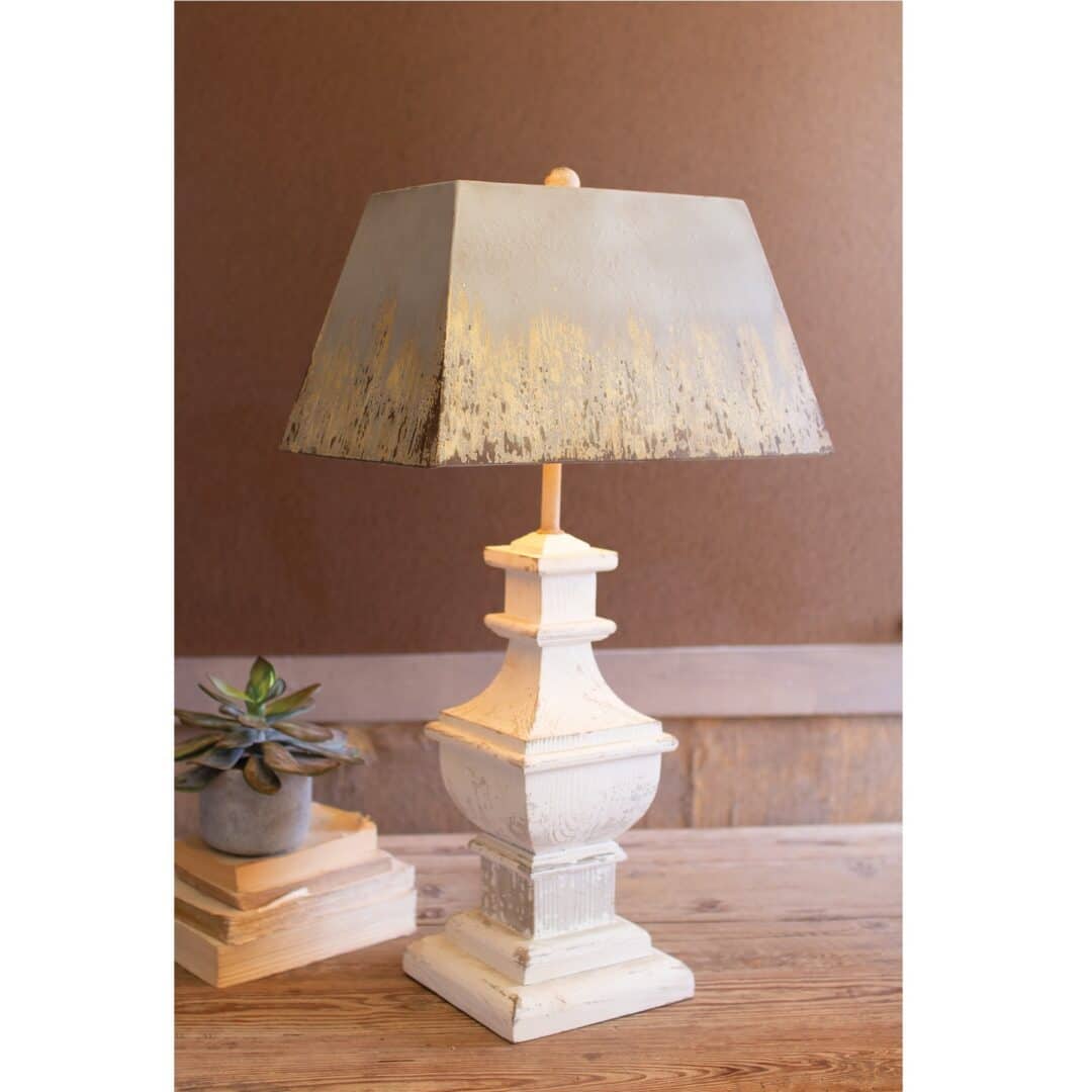Antique White Wooden Table Lamp w/ Rectangular Metal Shade - Piper Classics