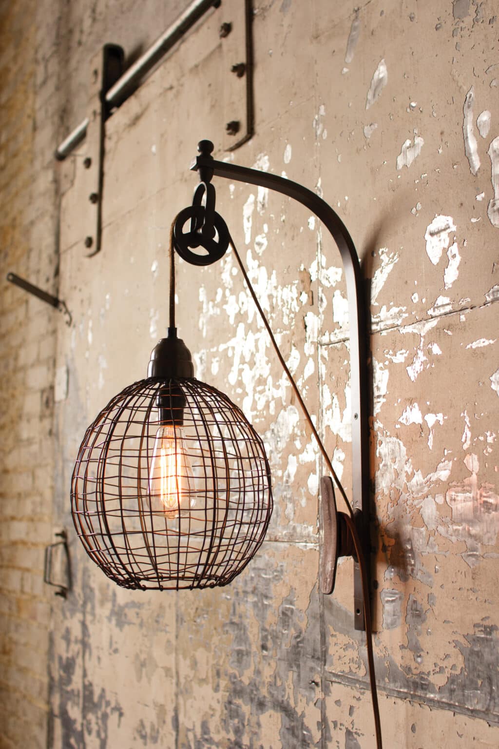 Industrial Wire Cage Wall Sconce Light w/ Pulley - Piper Classics