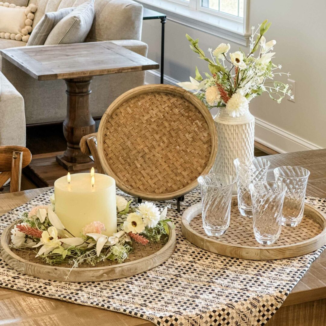 Rattan Bottom Warm Wood Trays - Set of 3, Various Sizes, Stackable