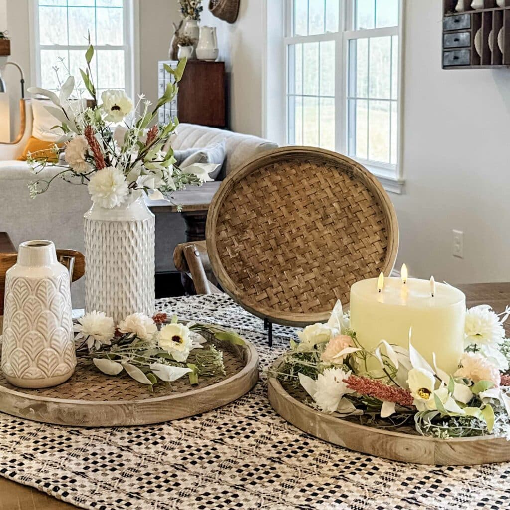 Rattan Bottom Warm Wood Trays - Set of 3, Various Sizes, Stackable