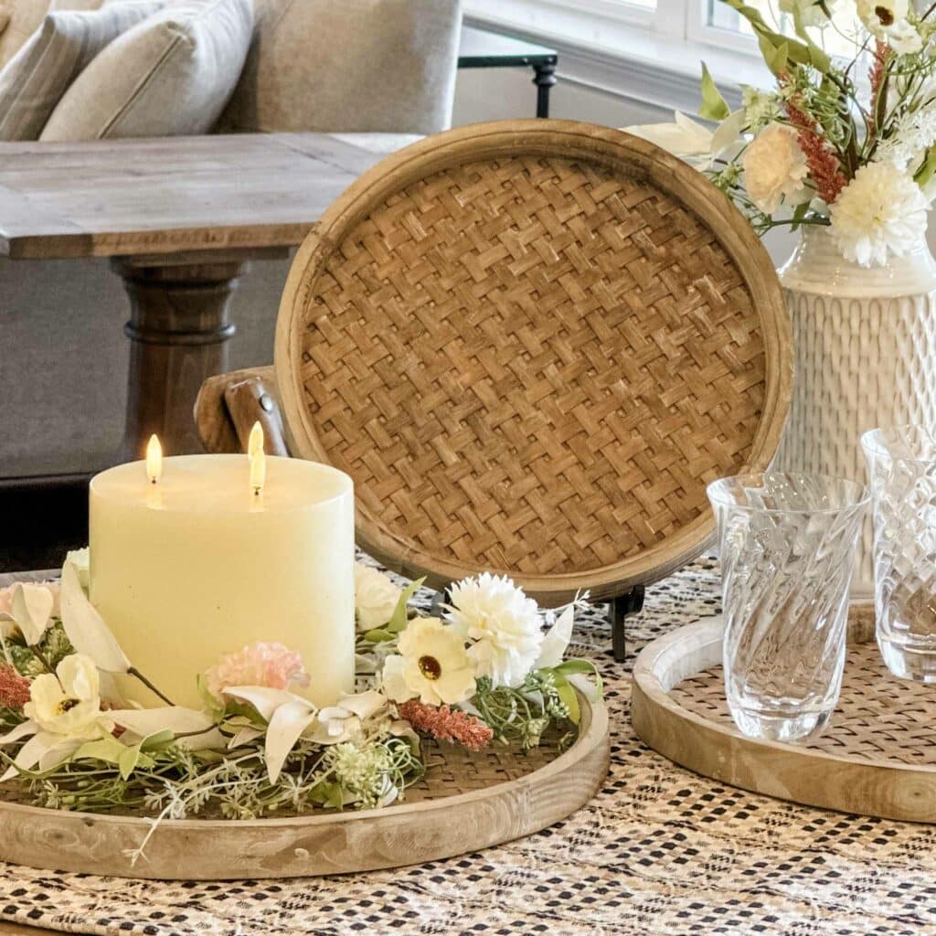 Rattan Bottom Warm Wood Trays - Set of 3, Various Sizes, Stackable